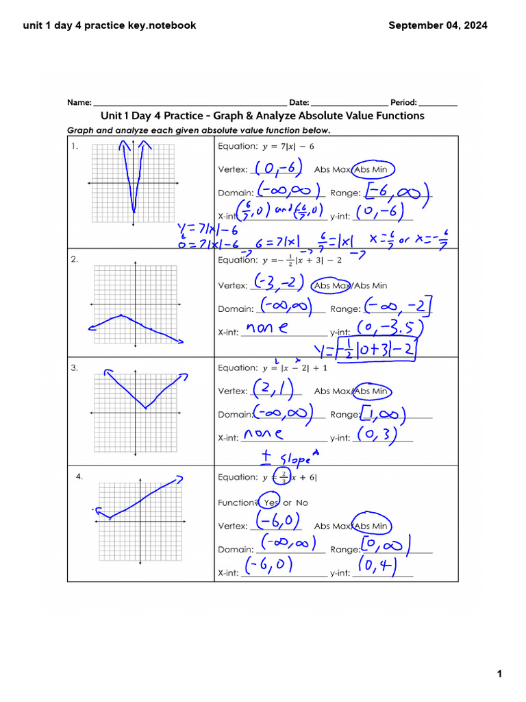 Unit 1 Day 4 Practice Key | PDF