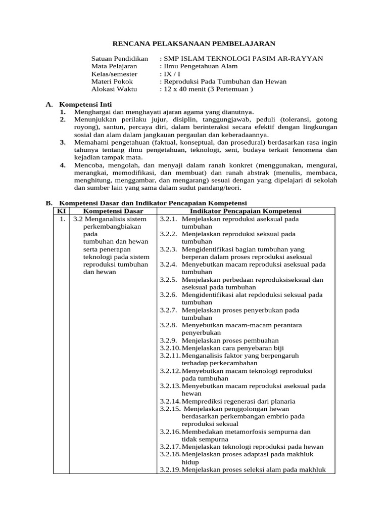 BAB 2 RPP IPA K9 3.2 Reproduksi Hewan Dan Tumbuhan | PDF