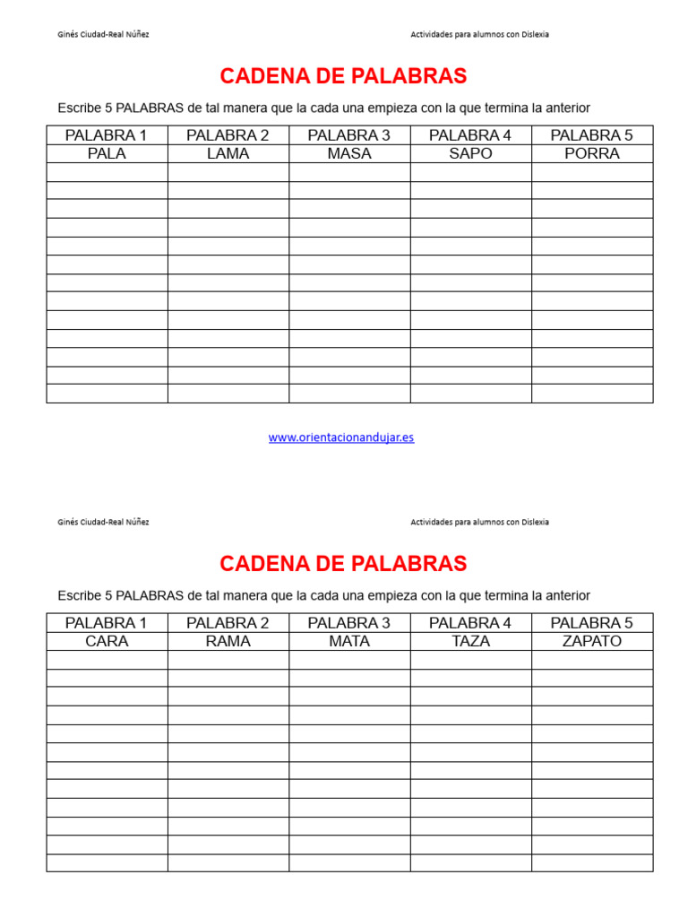 ACTIVIDADES DISLEXIA CADENA DE PALABRAS Plantilla 1 | PDF