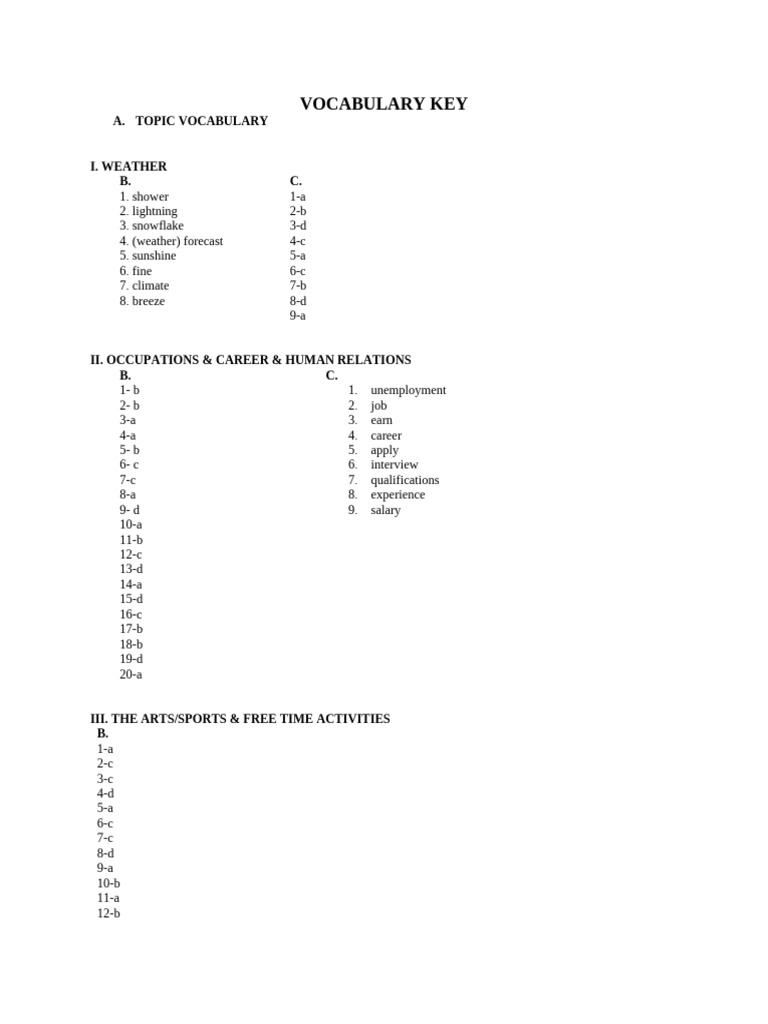 Vocabulary Pack Answer Keys | PDF