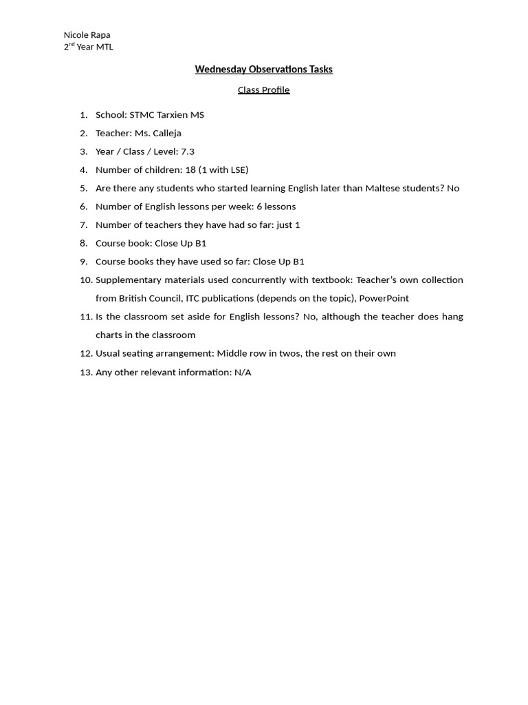 Wednesday Observations Tasks | PDF