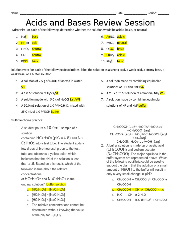 R. Extra Acid Base Practice KEY | PDF | Acid | Buffer Solution