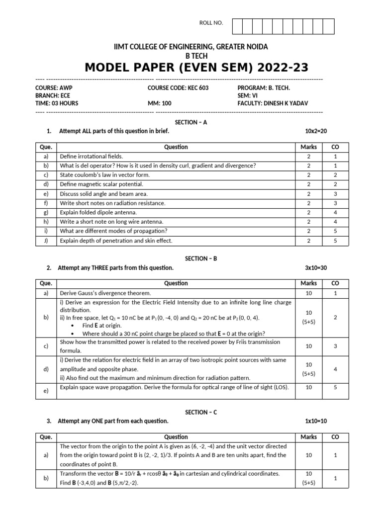 Awp Model Paper 2022-23 | PDF