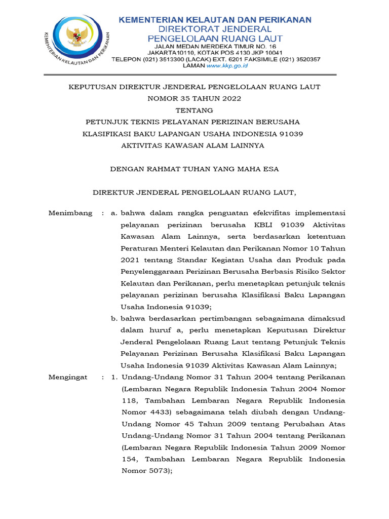 Kepdirjen PRL THN 2022 No 35 TTG Tahun Juknis KBLI 91039 | PDF | Griya & Taman