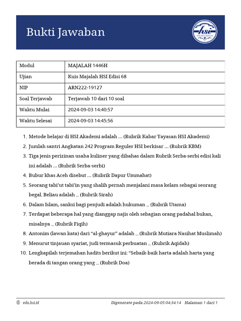 Bukti - ARN222-19127 - Kuis Majalah HSI Edisi 68 | PDF