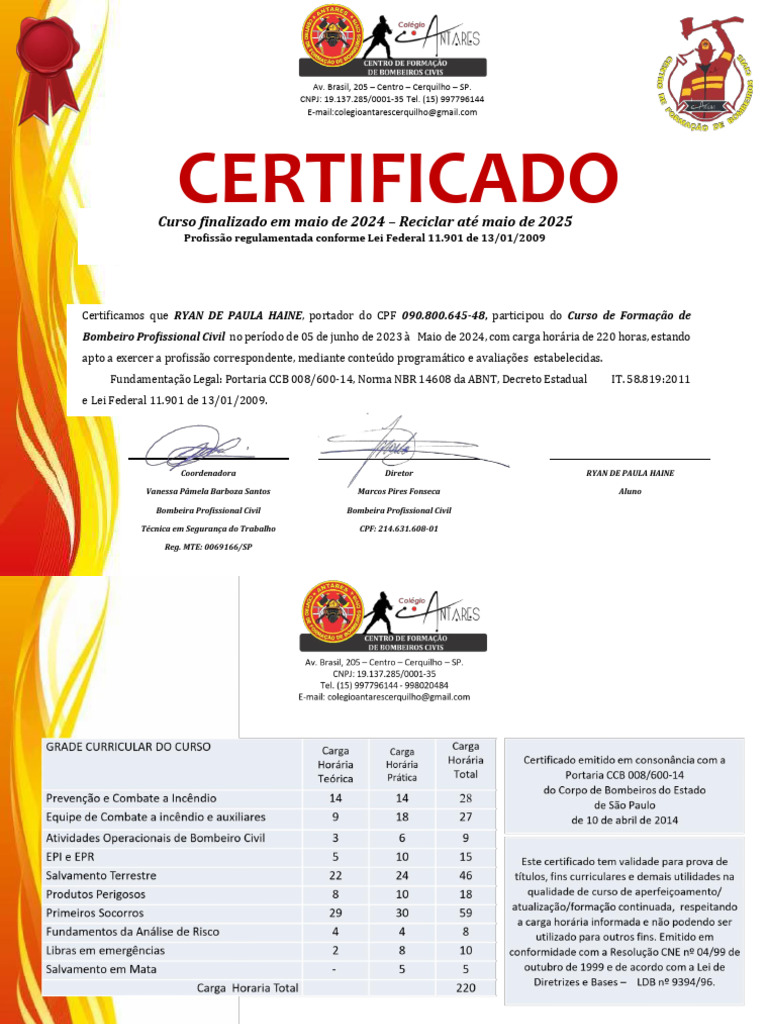 Certificado Bombeiro Civil (Ryan) | PDF
