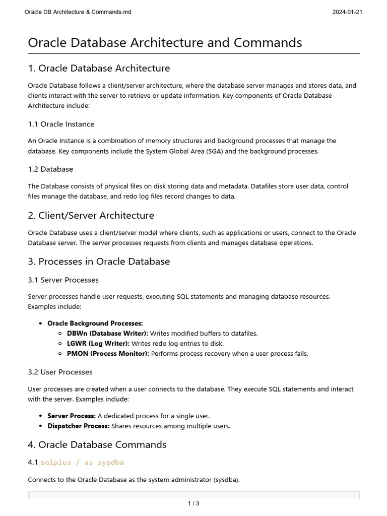 Oracle Db Basic Architecture And Commands Pdf
