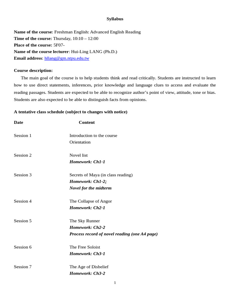 Syllabus 2024 Autumn (Advanced English Reading) | PDF