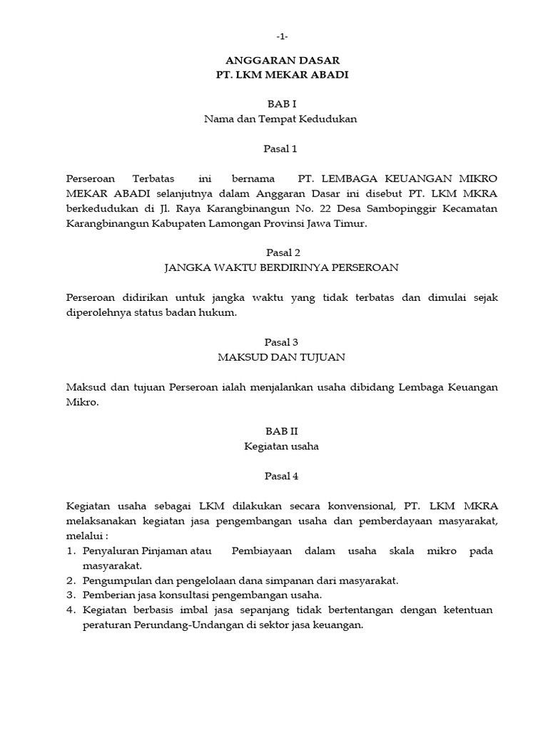 Anggaran Dasar PT LKM-1 | PDF