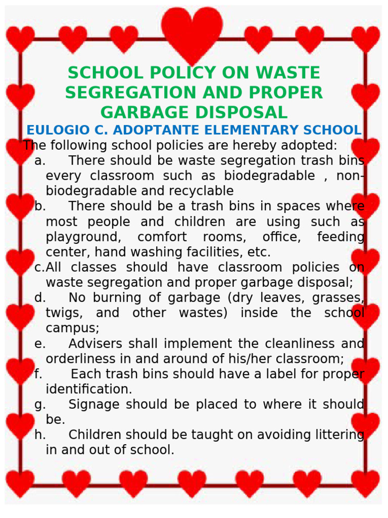 School Policy On Waste Segregation and Proper Garbage Disposal | PDF