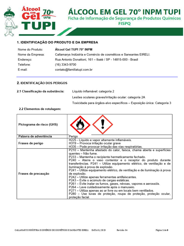 FISPQ Alcool Gel TUPI 70°INPM | PDF