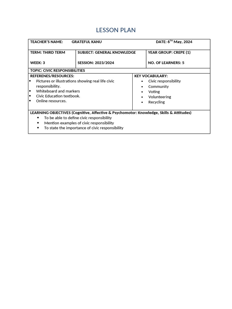Lesson Plan - Civic Responsibilities GK Y1 | PDF
