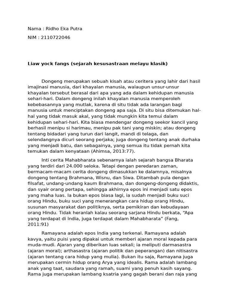 Liaw Yock Fangs (Sejarah Kesusastraan Melayu Klasik) | PDF