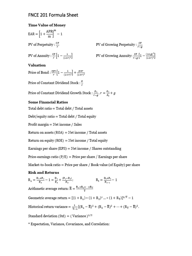 FNCE 201 Formula Sheet | PDF