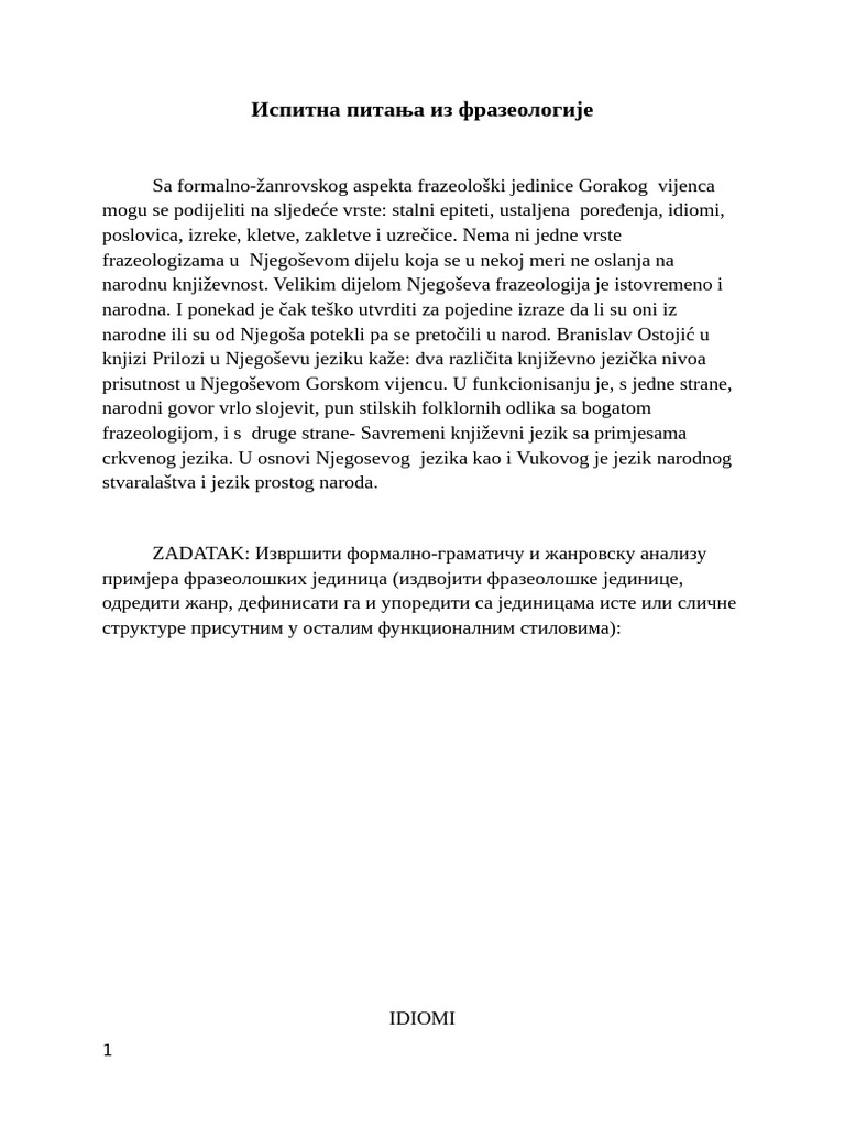 Ispitna Pitanja Iz Frazeologije | PDF