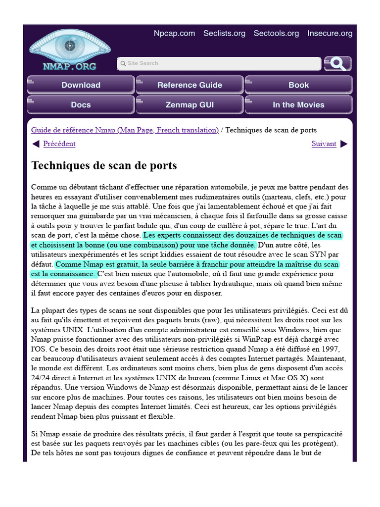 Techniques de Scan de Ports Guide de Référence Nmap (Man Page, French Translat | PDF