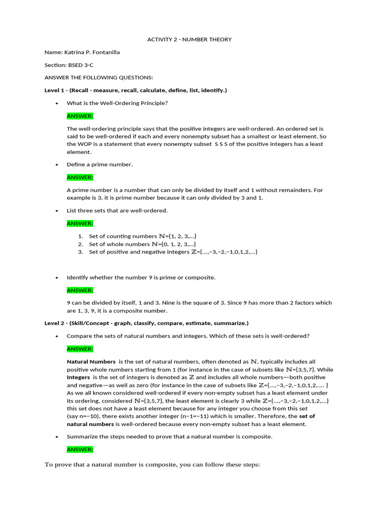 Act. 2 Number Theory | PDF | Prime Number | Numbers