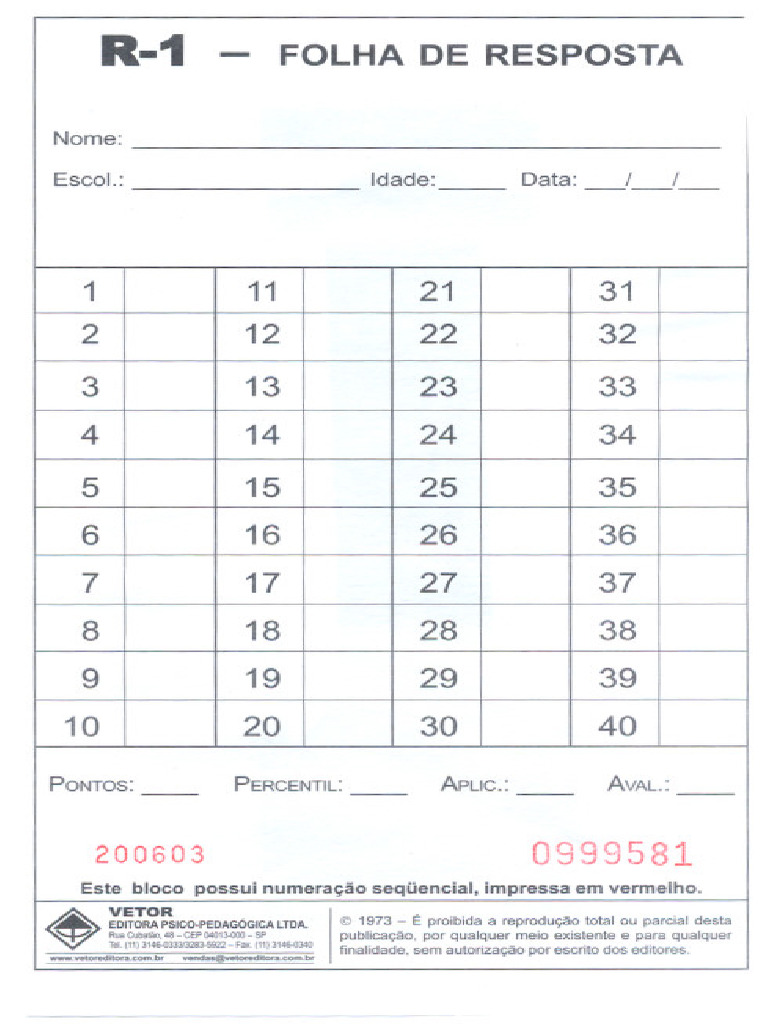 Folha de Aplicação do Teste R1 | PDF
