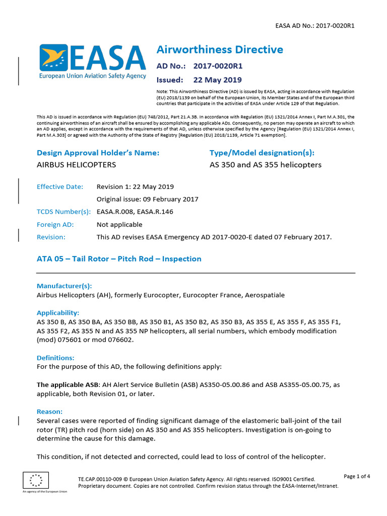 Easa Ad 2017-0020R1 1 | PDF