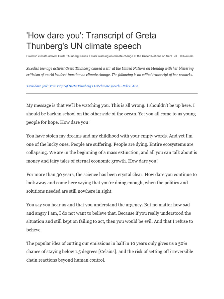 How Dare You - Transcript of Greta Thunberg - S UN Climate Speech | PDF