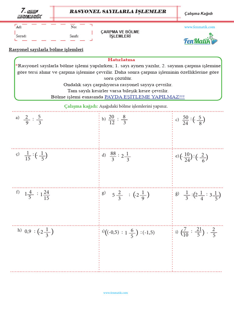 7 Sinif Rasyonel Sayilarla Islemler Bolme Islemleri Calisma Kagidi | PDF