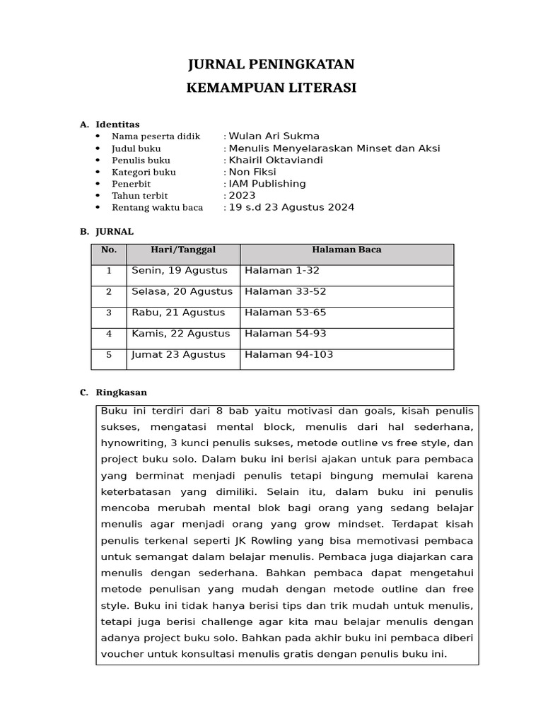 Contoh Pengisian JURNAL MEMBACA | PDF