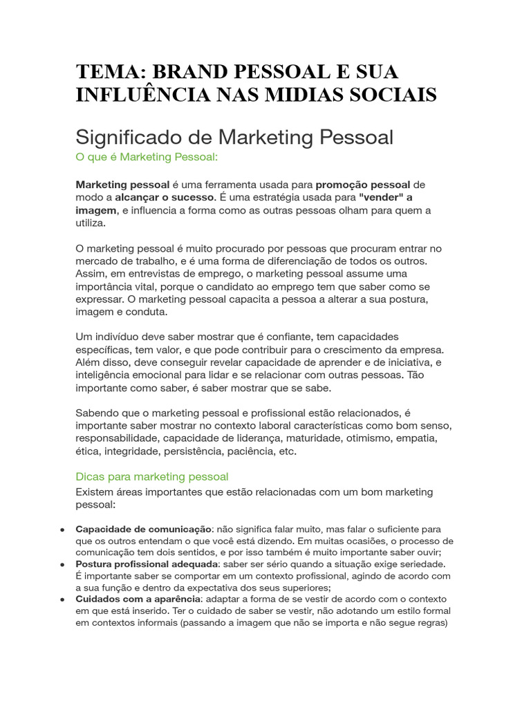 Tema: Brand Pessoal e Sua Influência Nas Midias Sociais | PDF
