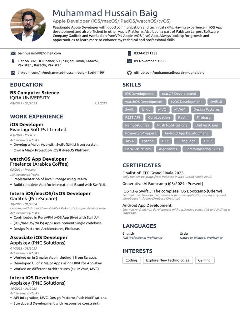 iOS Developer Muhammad Hussain Baig | PDF | Ios | Swift (Programming Language)