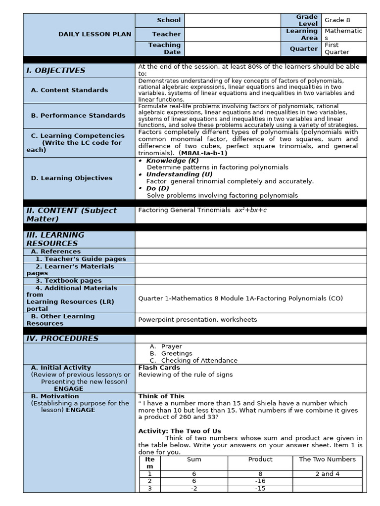DAILY LESSON PLAN-Factoring General Trinomials Ax2+bx+c | PDF ...
