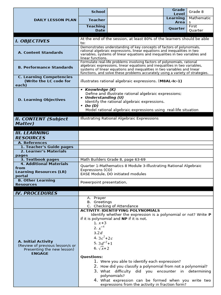 DAILY LESSON PLAN-Illustrating Rational Algebraic Expressions | PDF | Polynomial | Equations