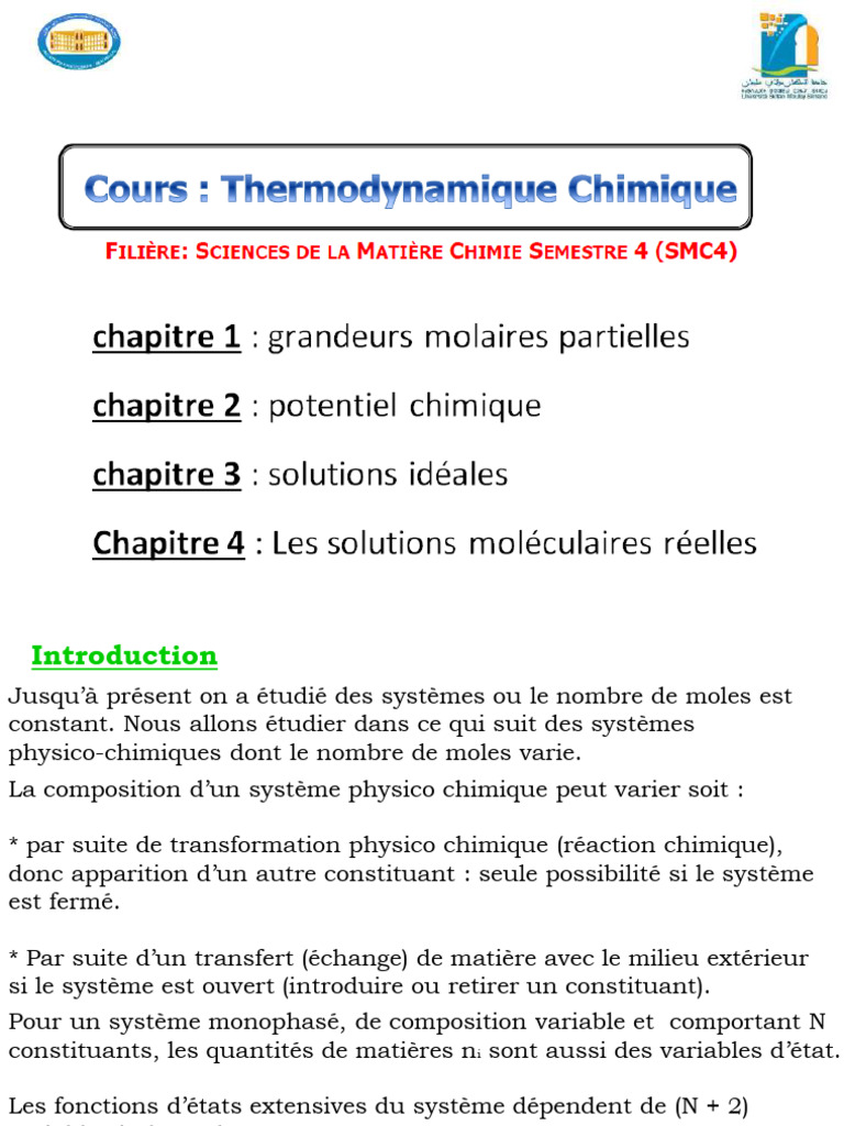 Cour Thermodynamique Chimique SMC-S4 - FP - BM | PDF