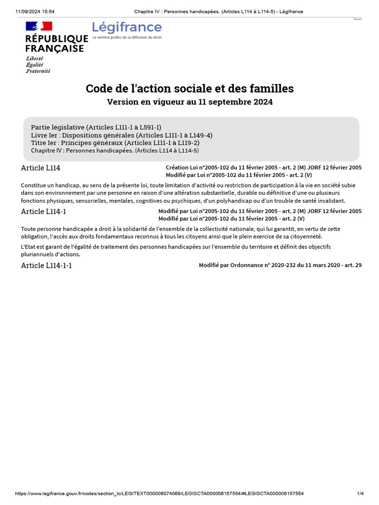 Chapitre IV - Personnes Handicapées. (Articles L114 À L114-5 ...