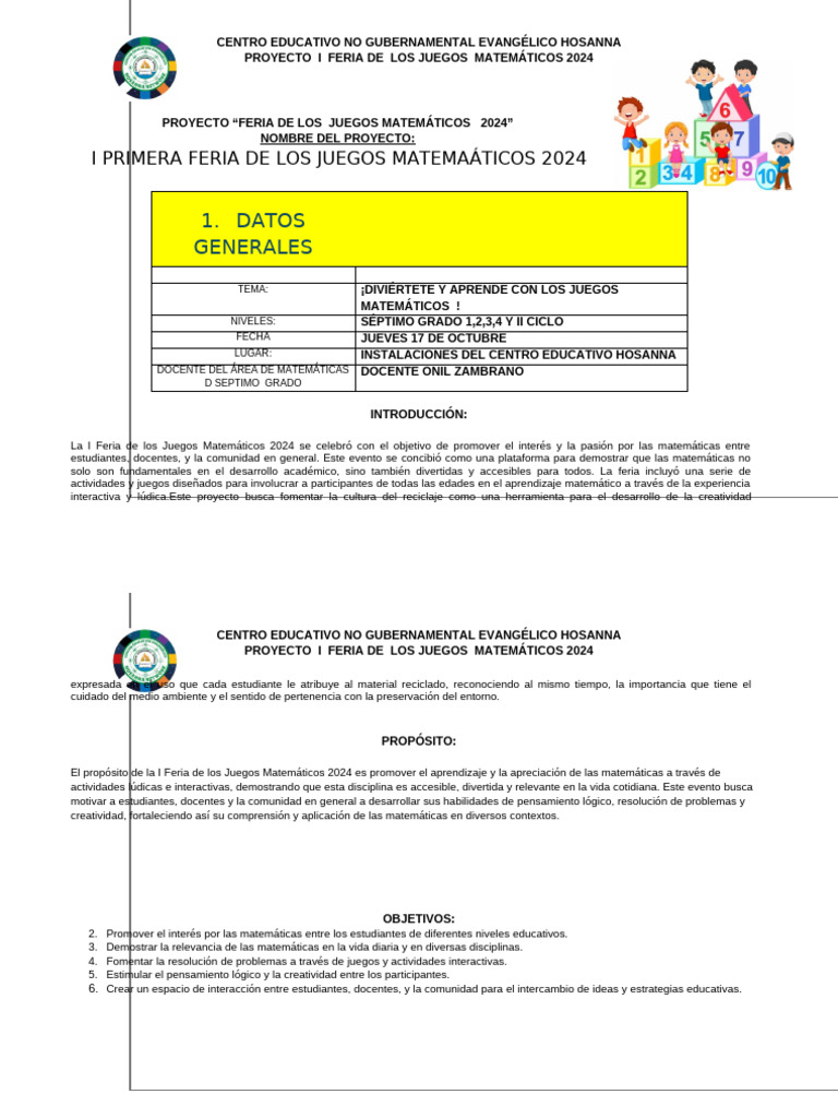 I Feria de Los Juegos Matematicos 2024 Por Septimo Grado | PDF