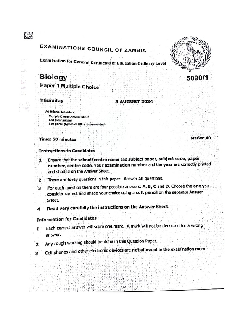 Biology 5090 p1 2024 Gce QP | PDF