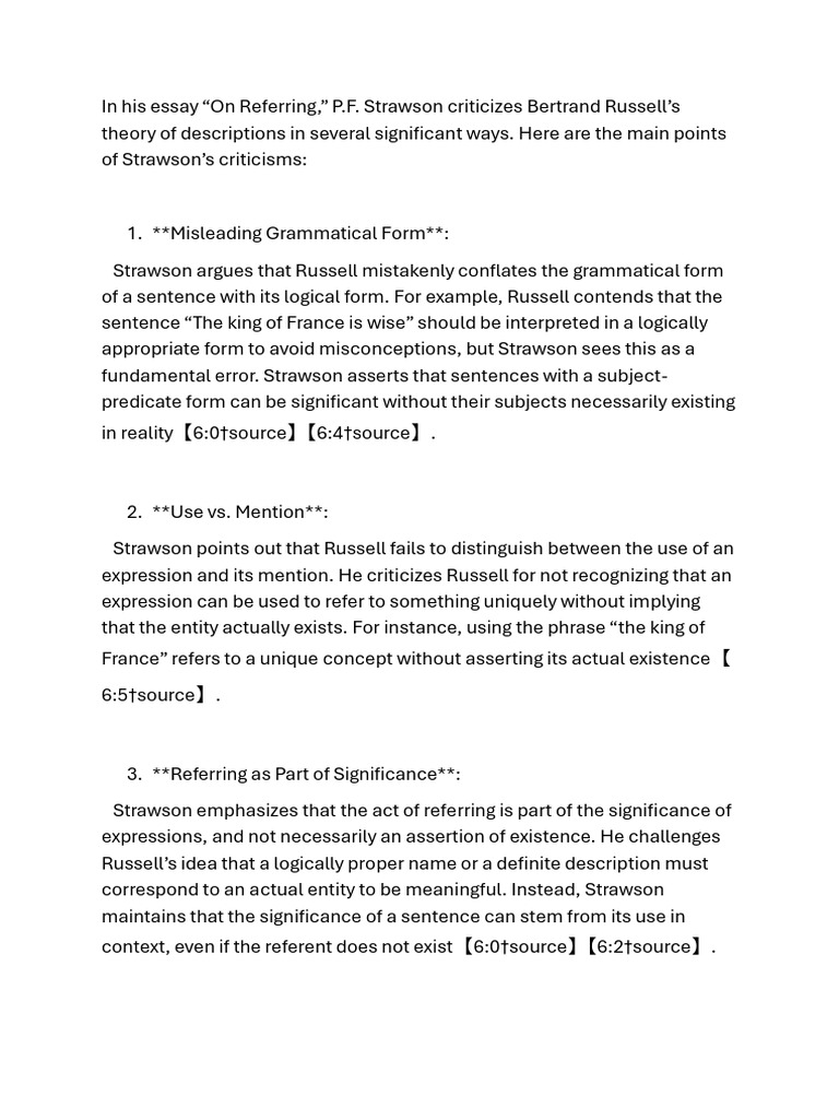 Strawson Criticism | PDF | Existence | Philosophy