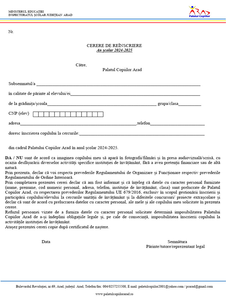 Cerere Reinscriere Arad 2024 2025 | PDF