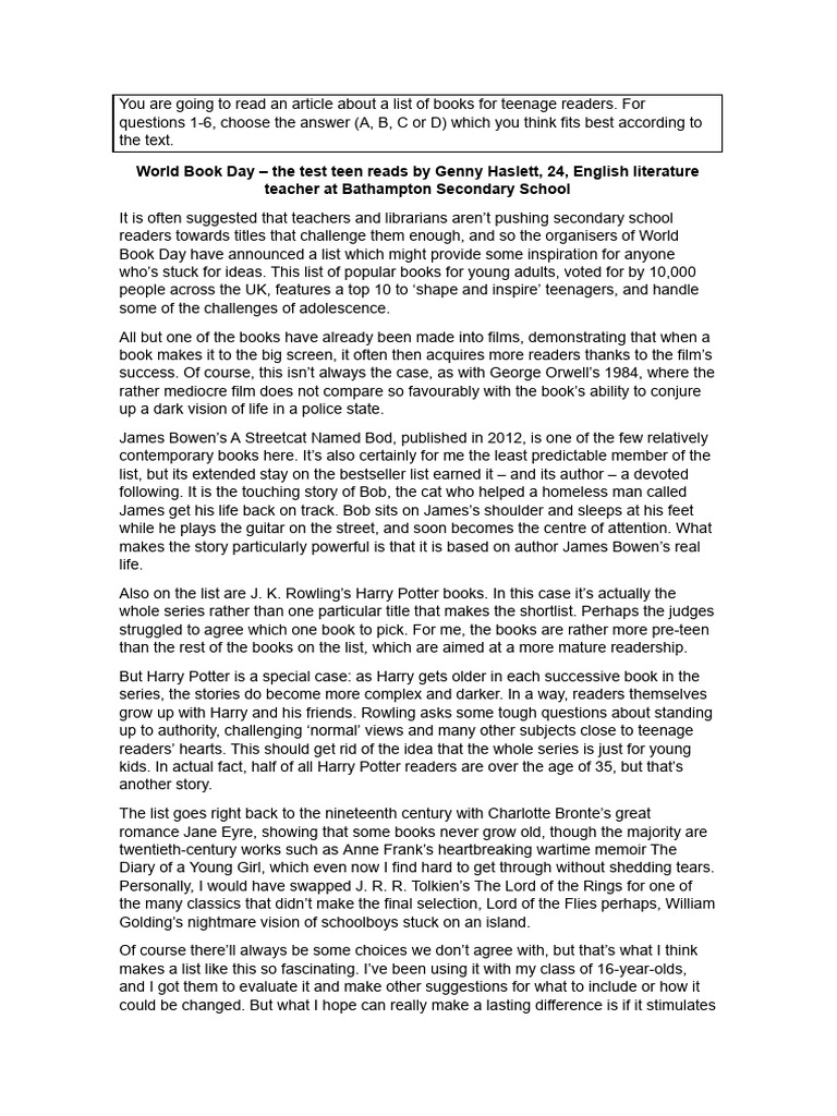 World Book Day Reading Comprehension | PDF