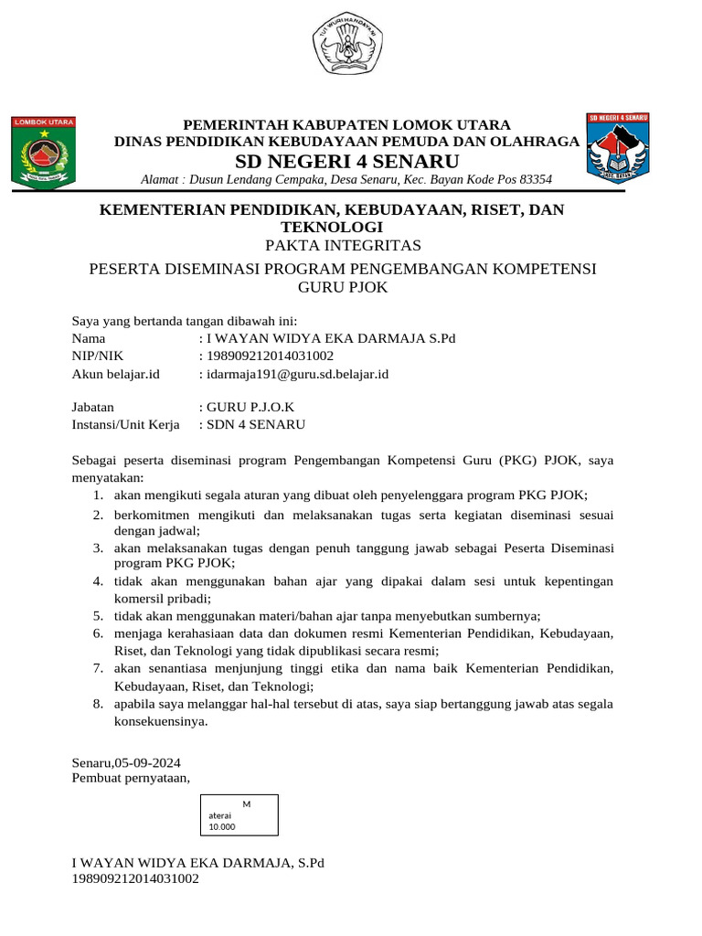 Template Pakta Integritas Peserta Diseminasi Pkg Pjok Pdf