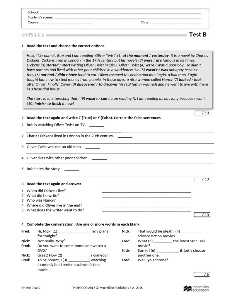 Test B: Units 1 & 2 | PDF | Oliver Twist