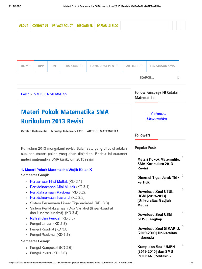 Materi Pokok Matematika SMA Kurikulum 2013 Revisi - CATATAN MATEMATIKA | PDF