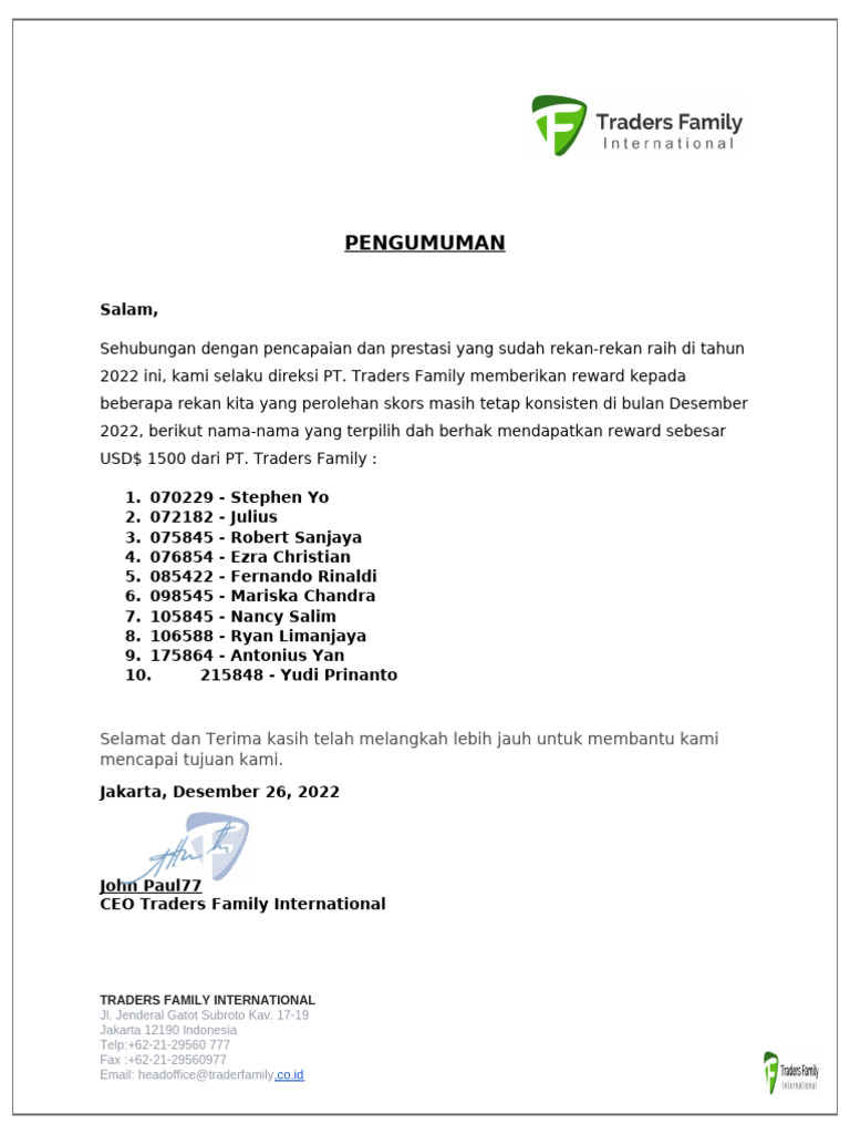 Trader Family Pengumuman Pdf