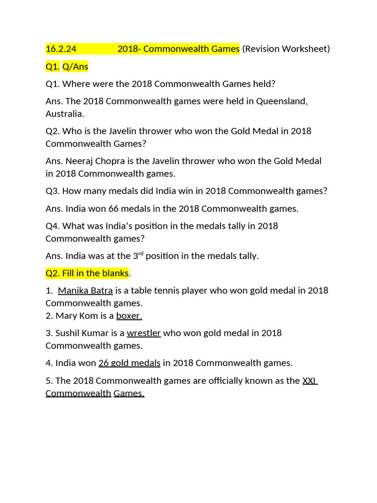 Commonwealth Games - Revsion Worksheet | PDF
