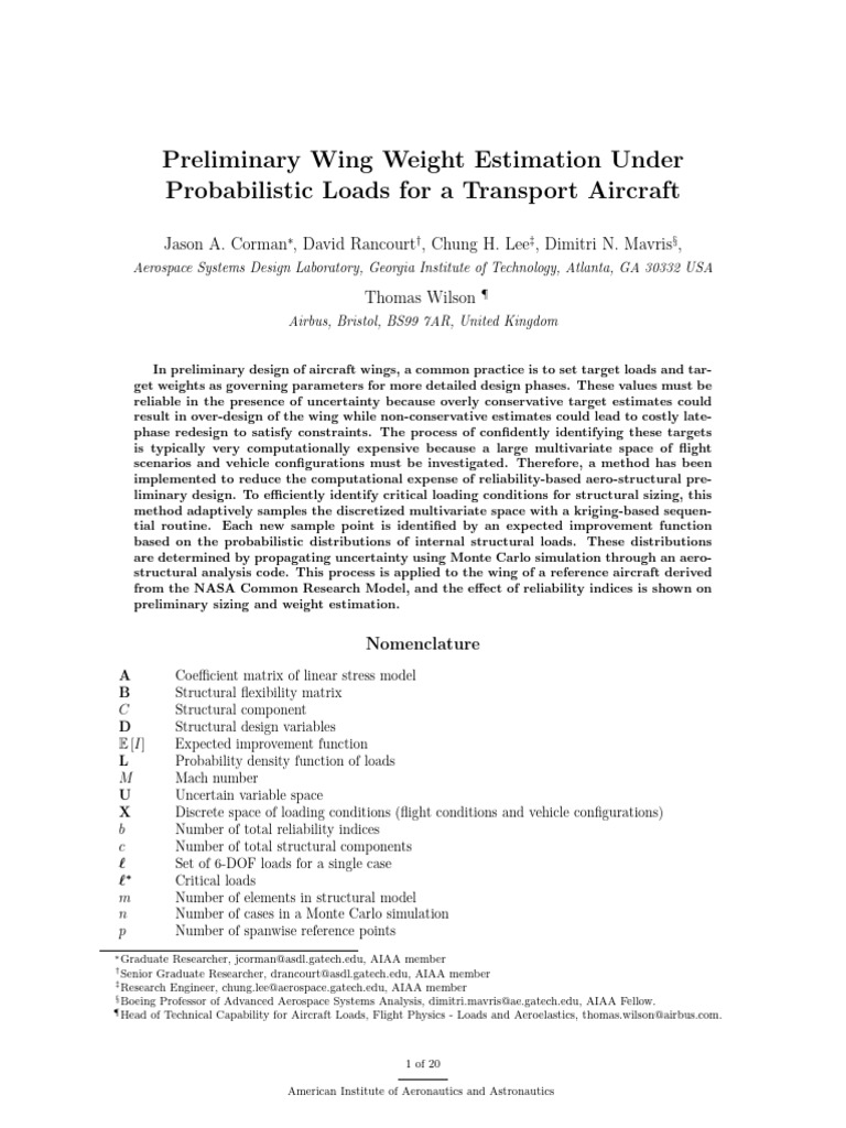 Preliminary Wing Weight Estimation Under Probabilistic Loads for a ...