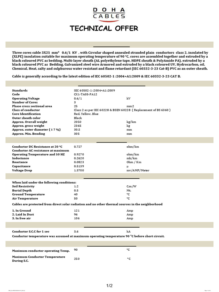 3X25 MM CU/XLPE/AL-HDPE/PA/SWA/PVC 0.6/1 KV: Technical Offer | PDF