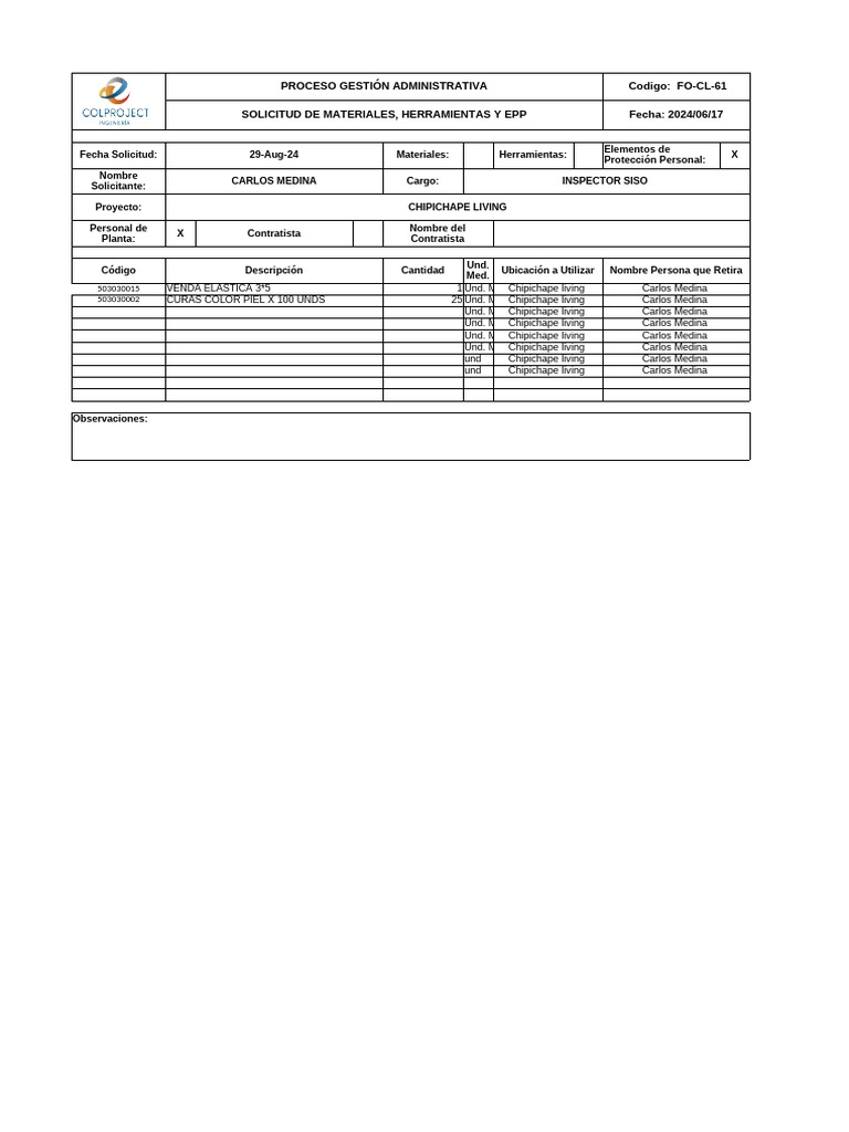 FO-CL-61 Formato Solicitud de Materiales - Herramientas - EPP Nuevo | PDF