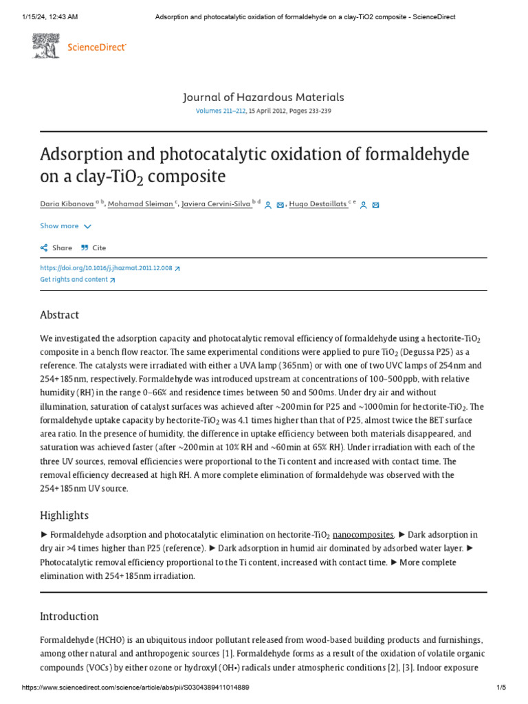 Adsorption and Photocatalytic Oxidation of Formaldehyde On A clay-TiO2 ...