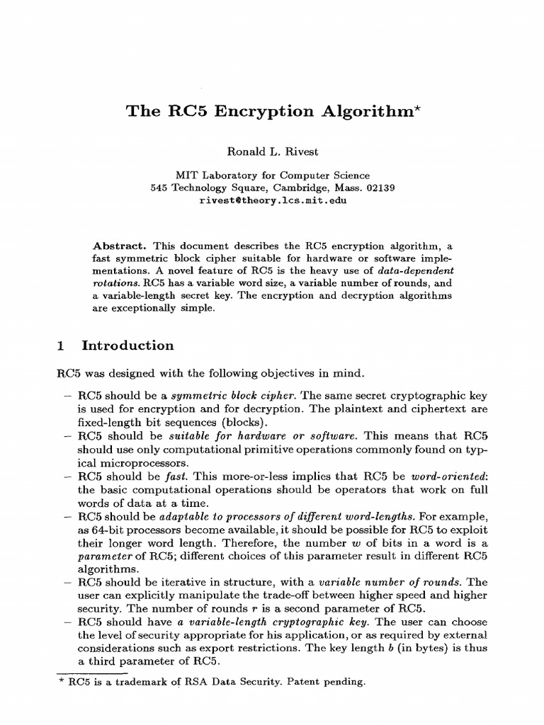 The RC5 Encryption Algorithm : Data-Dependent Rotations | PDF