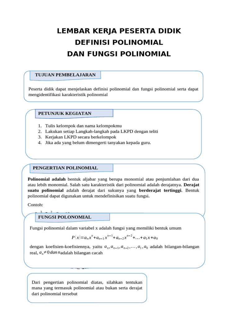 LKPD Definisi Polinomial Konsep Dasar | PDF