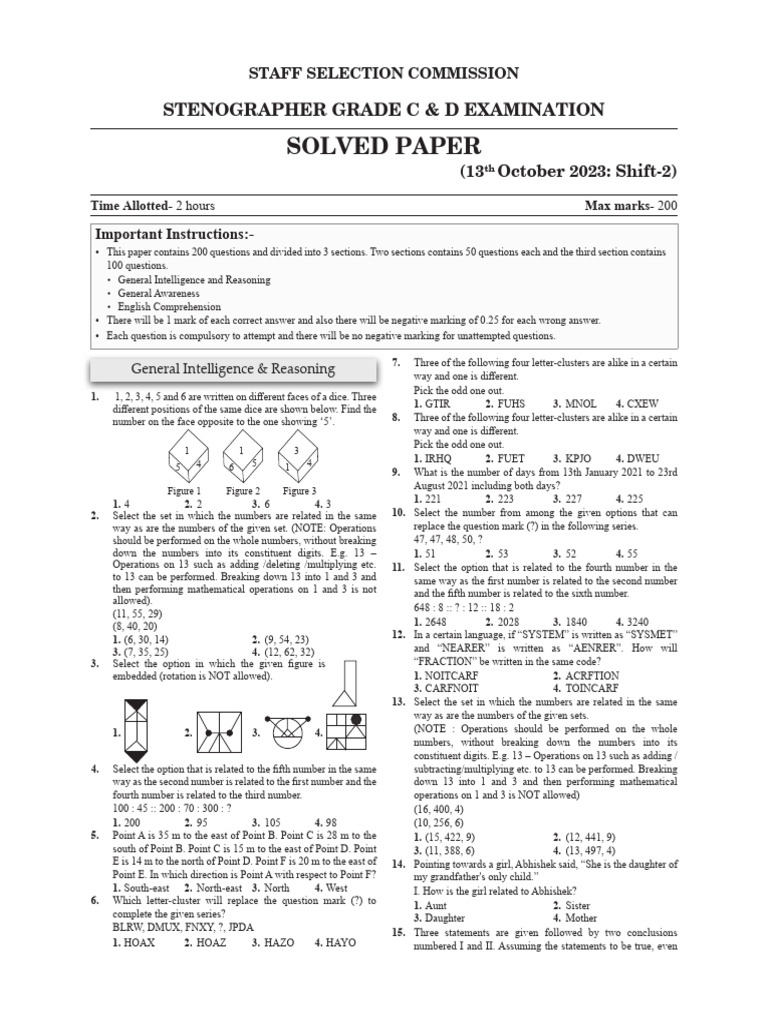 SSC Stenographer Grade C and D Solved Paper - 1-23 | PDF