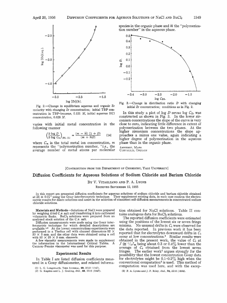 Vitagliano Lyons 2002 Diffusion Coefficients For Aqueous Solutions of Sodium Chloride and Barium ...
